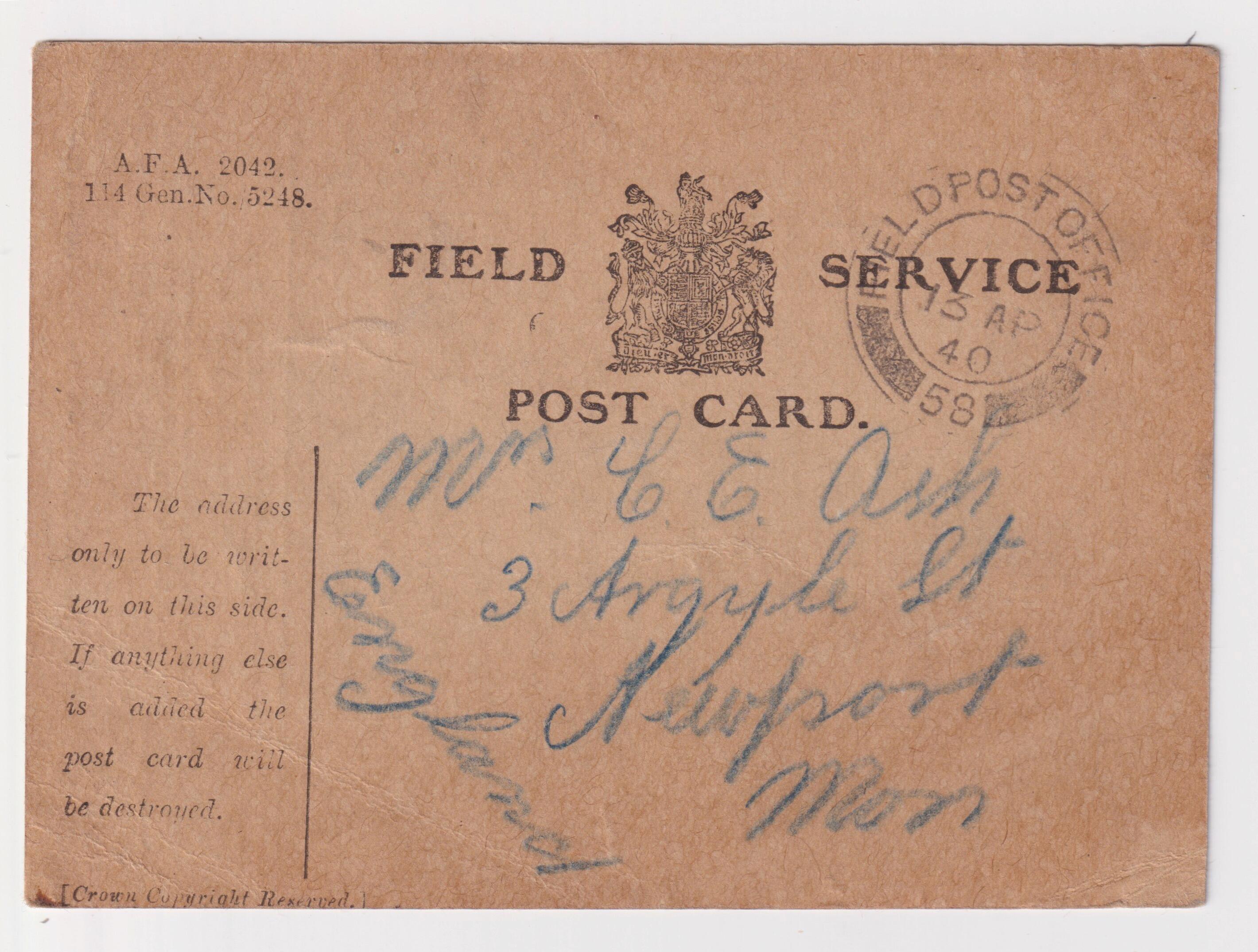 1940 British Expeditionary Force FPO 58 on WW1 Field Service Card to ...