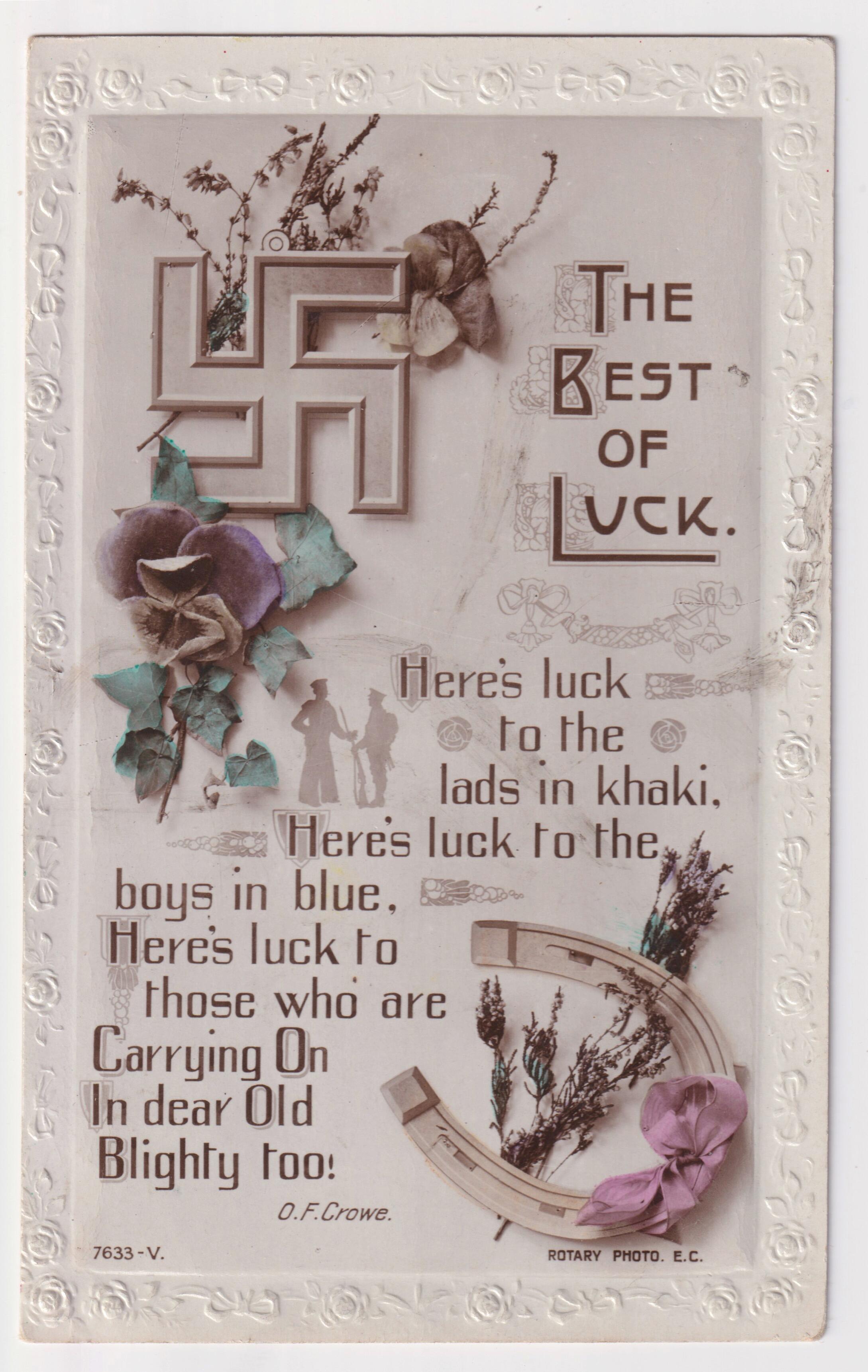 Rotary Photographic 'Best of Luck' Card WW1 Period Swastika Good Luck Charm