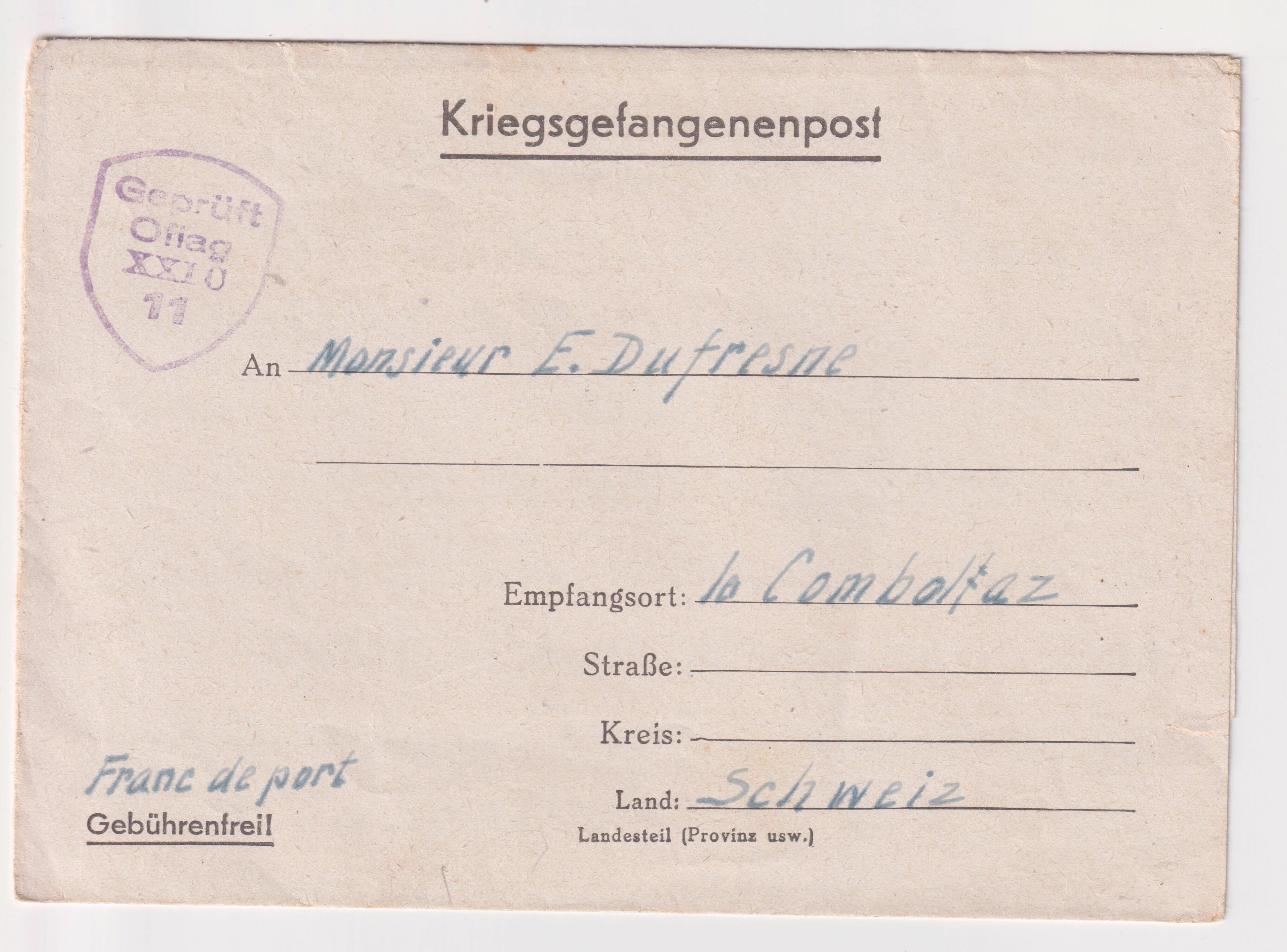 WW2 Dutch Prisoners Letter Offizierlage XX1 C/Z Poland to La Comballaz ...