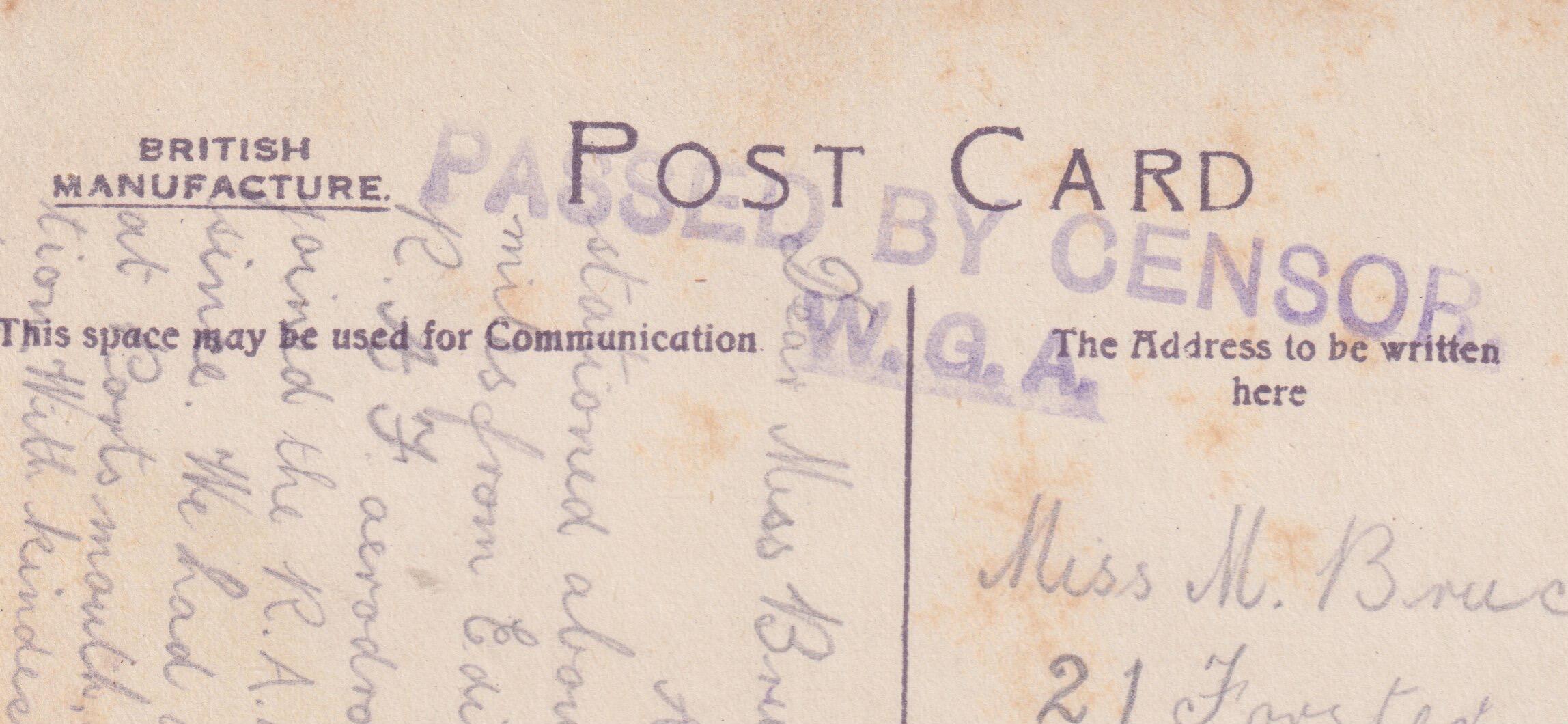 WW1 PASSED BY CENSOR W.G.A Edinburgh Postcard 1918 RAF Station DREM ...