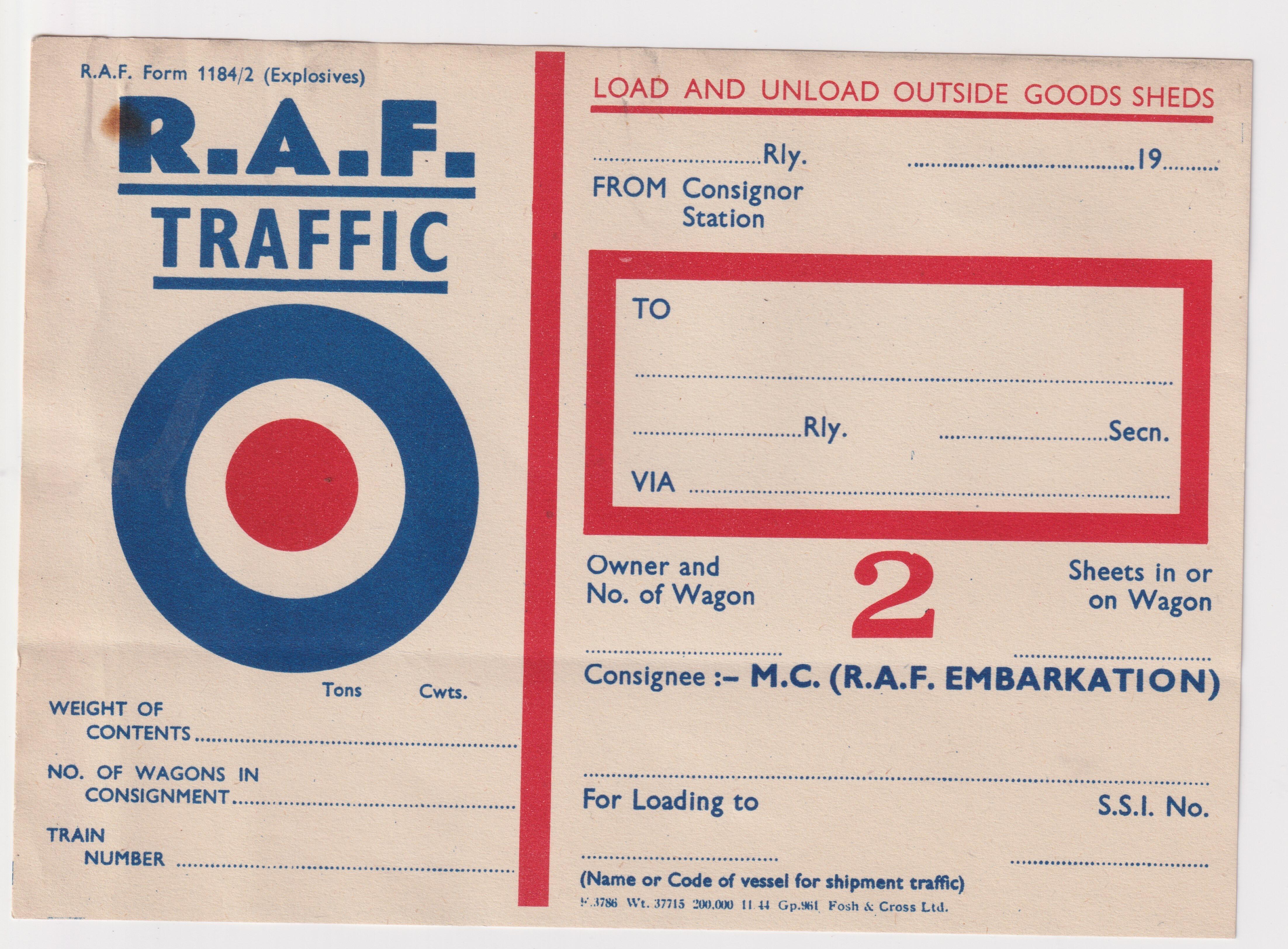 WW2 RAF Traffic Form 1184/2 (Explosives) Railway Shipment Docket Card