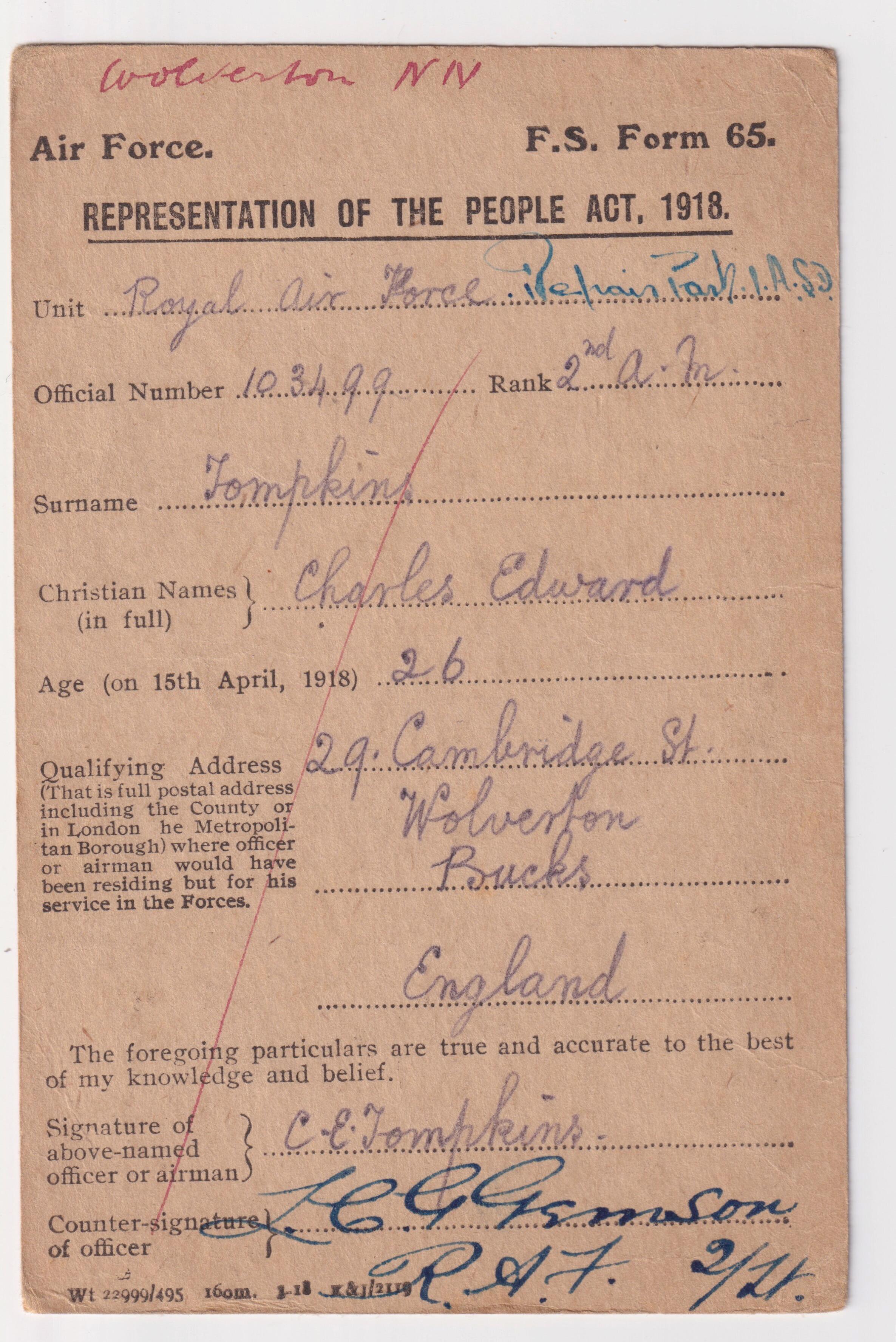 WW1 Air Force F.S Form 65 - 1918 RAF 2nd Air Mechanic Wolverton Bucks ...