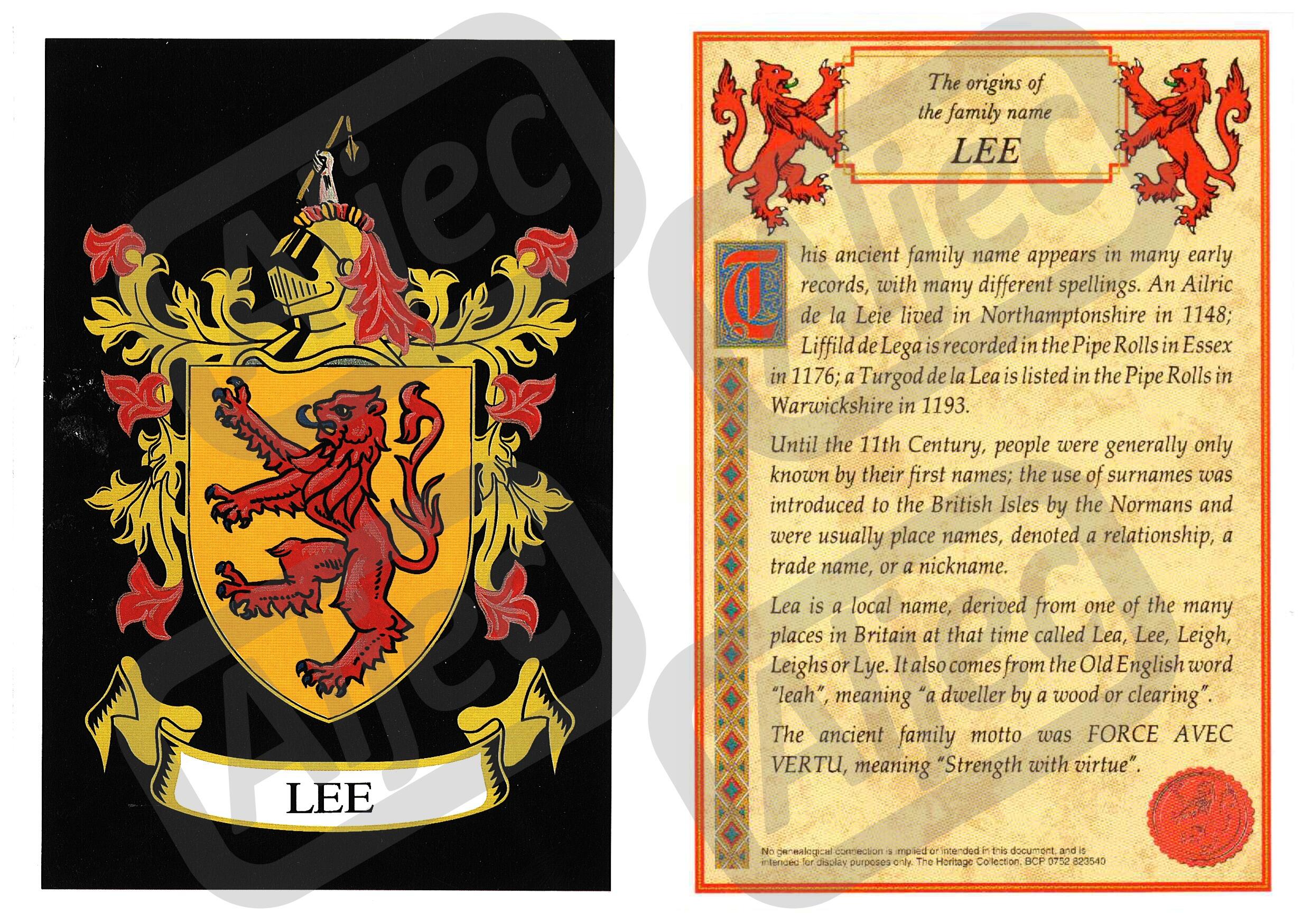 Coat of Arms Heritage Card - Lee pk of 3