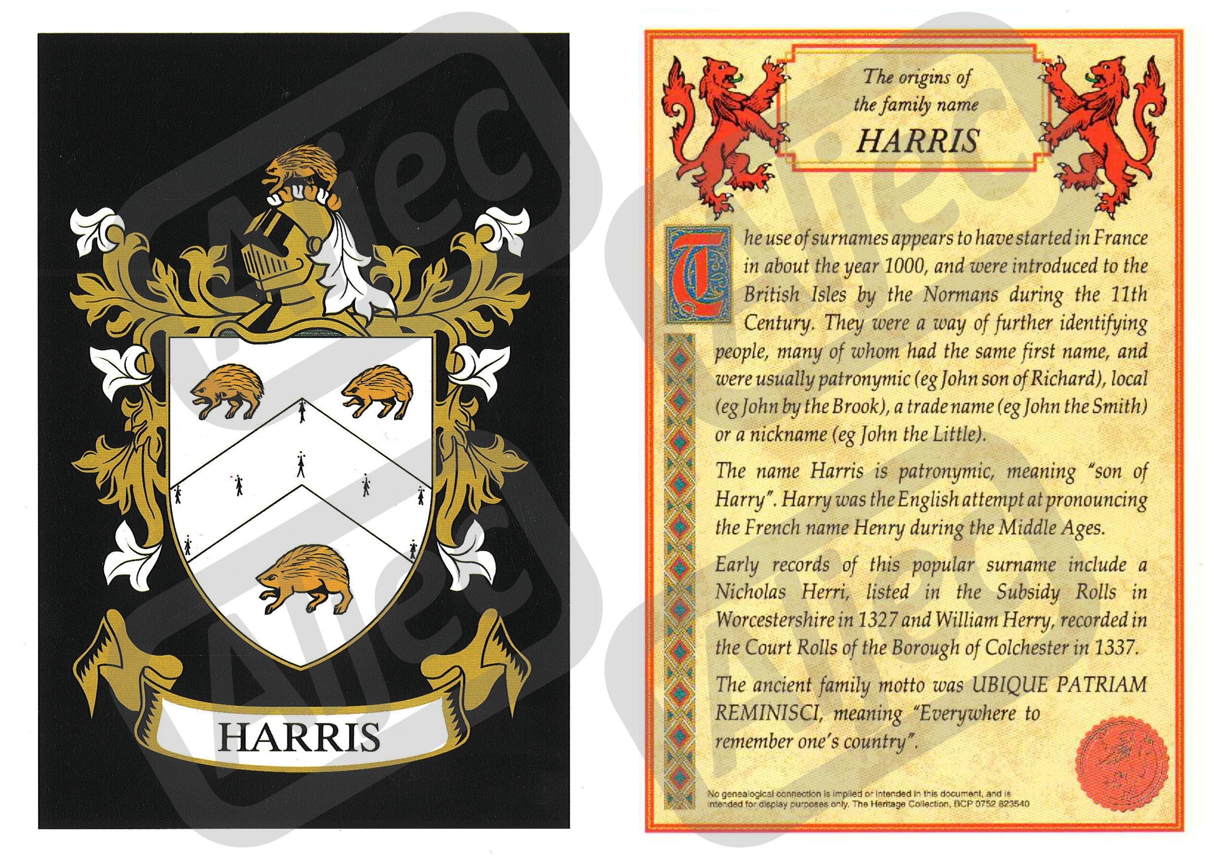 Coat of Arms Heritage Card - Harris pk of 3
