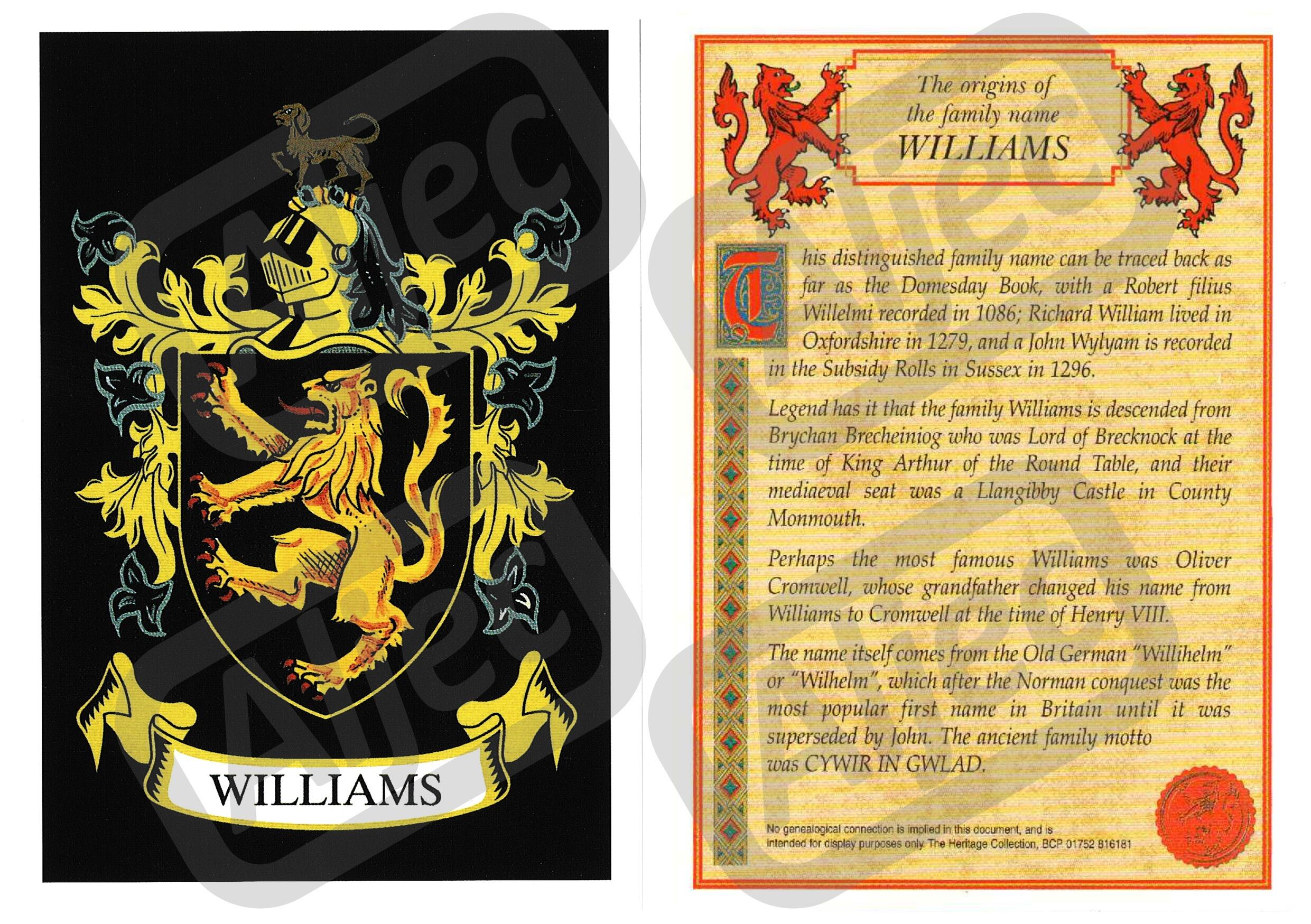 Coat of Arms Heritage Card - Williams pk of 3