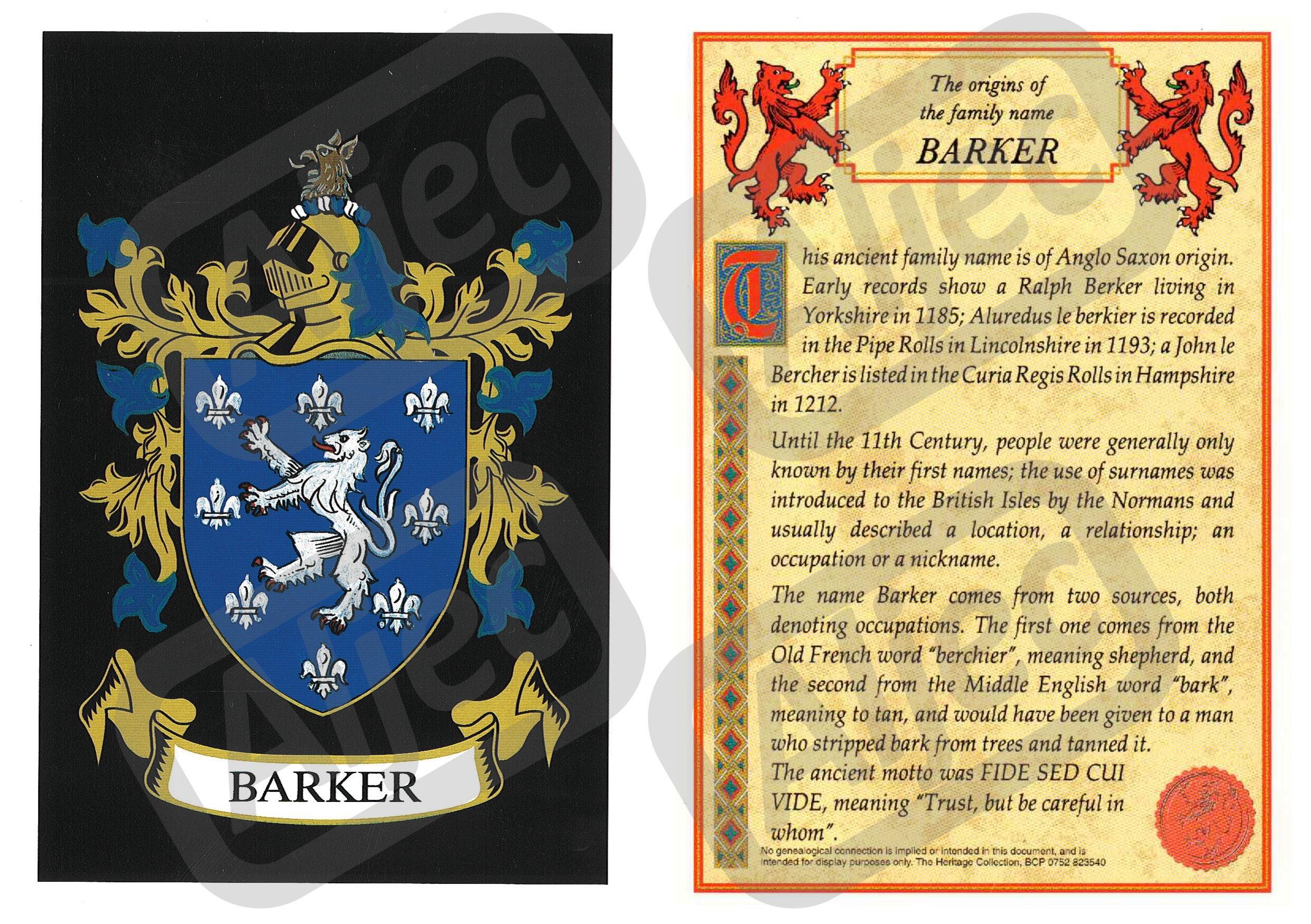Coat of Arms Heritage Card - Barker pk of 3
