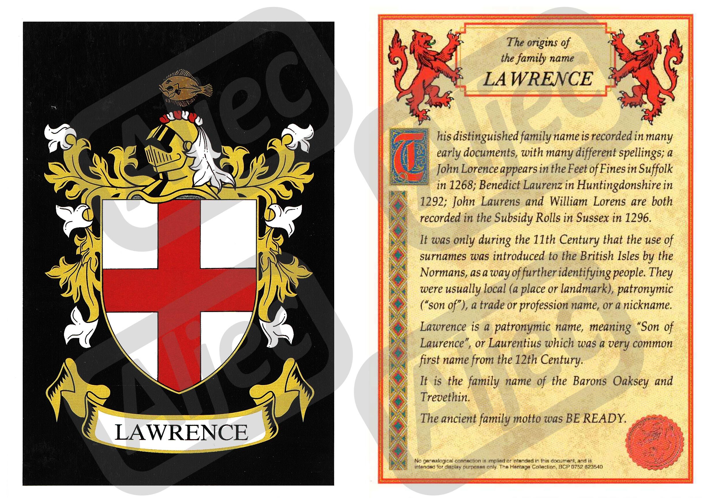 Coat of Arms Heritage Card - Lawrence pk of 3