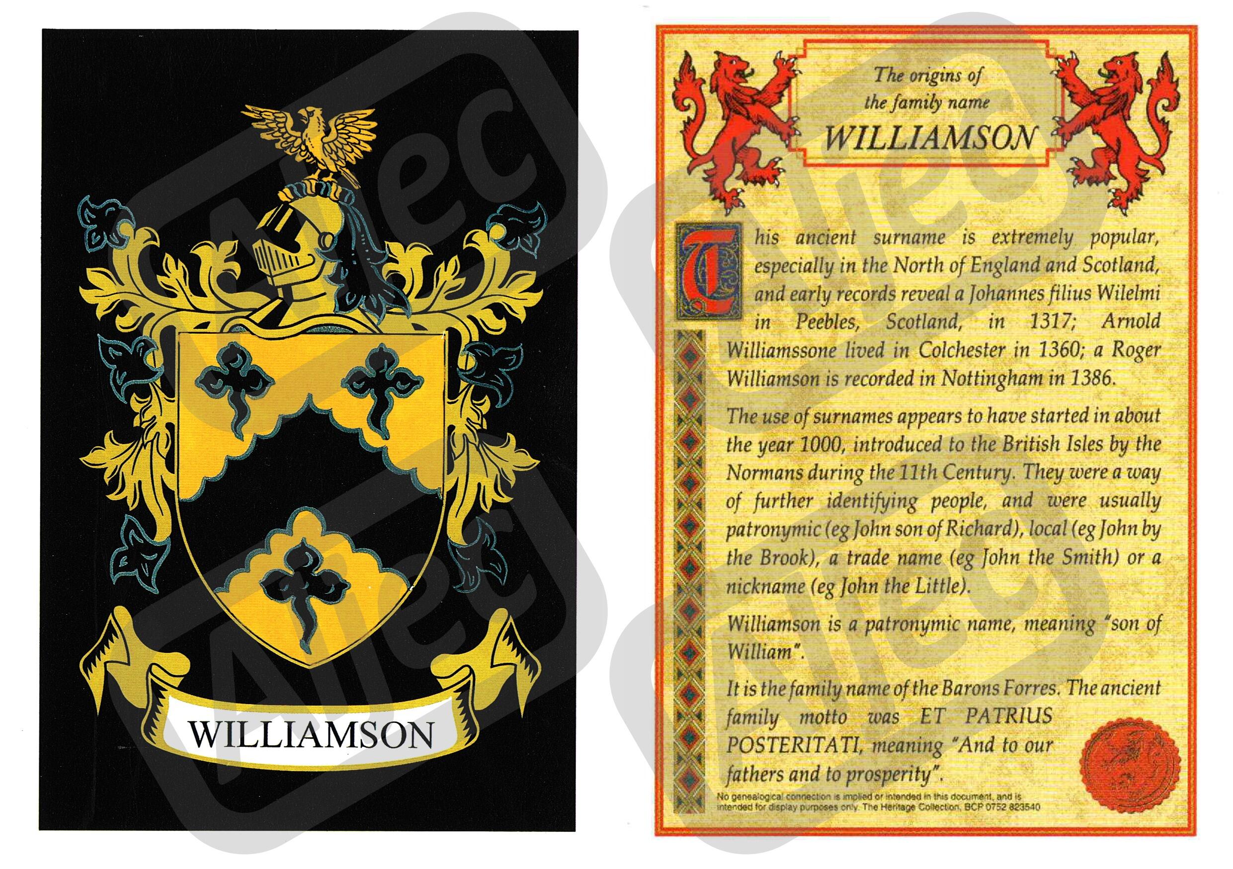Coat of Arms Heritage Card - Williamson pk of 3