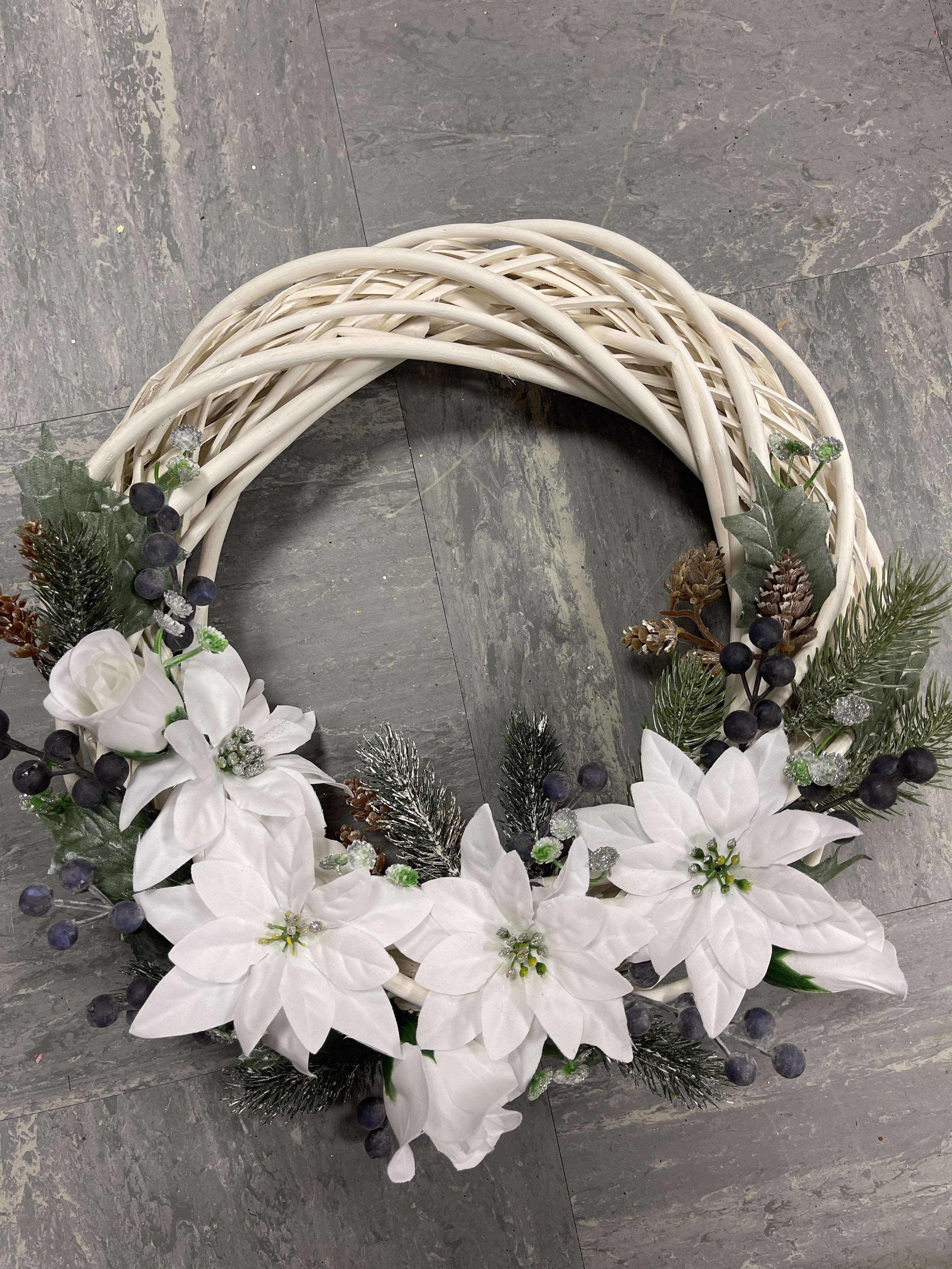 Dawns White Poinsettia and berries wicker wreath kit