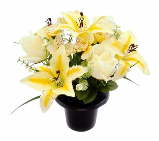 CEMETERY POT WITH LILY ROSE AND ALSTRO - YELLOW