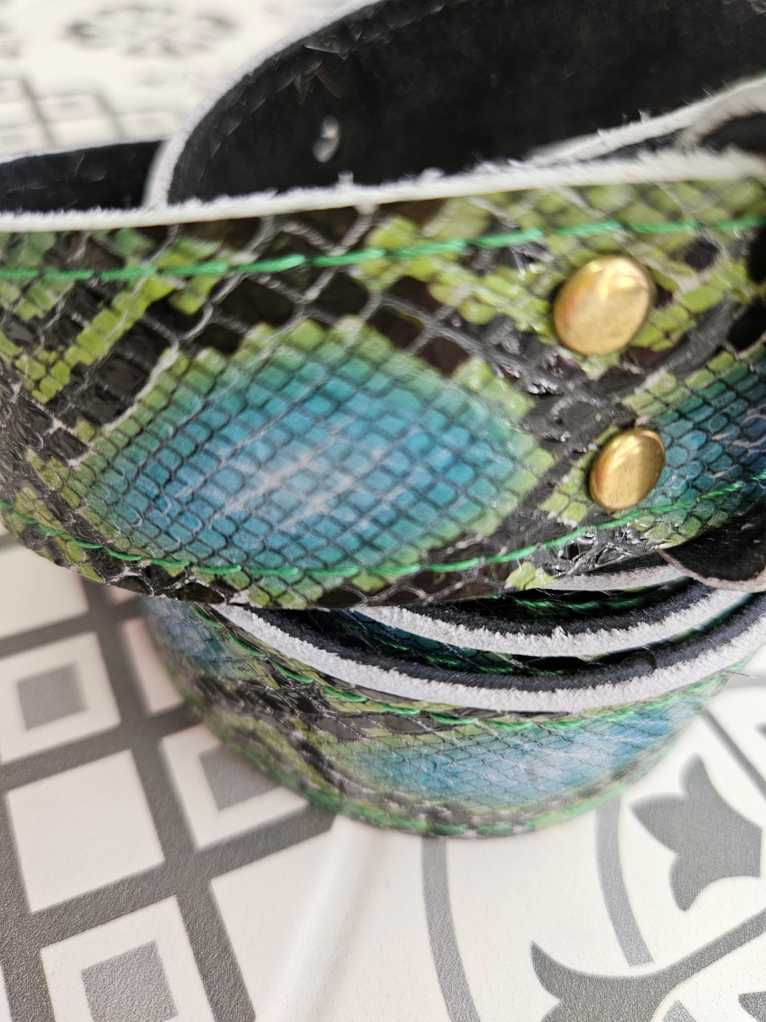 Green & blue snakeskin leather belt