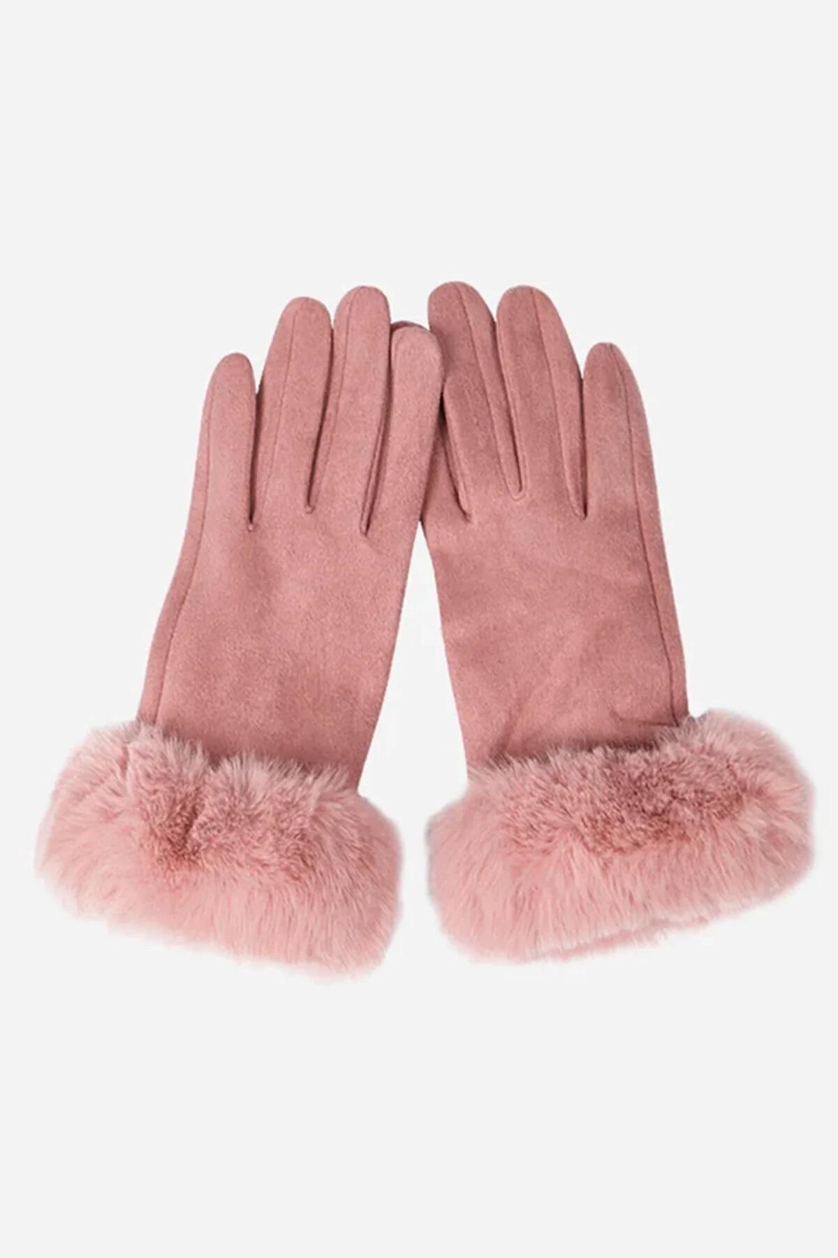Pink faux fur trim gloves