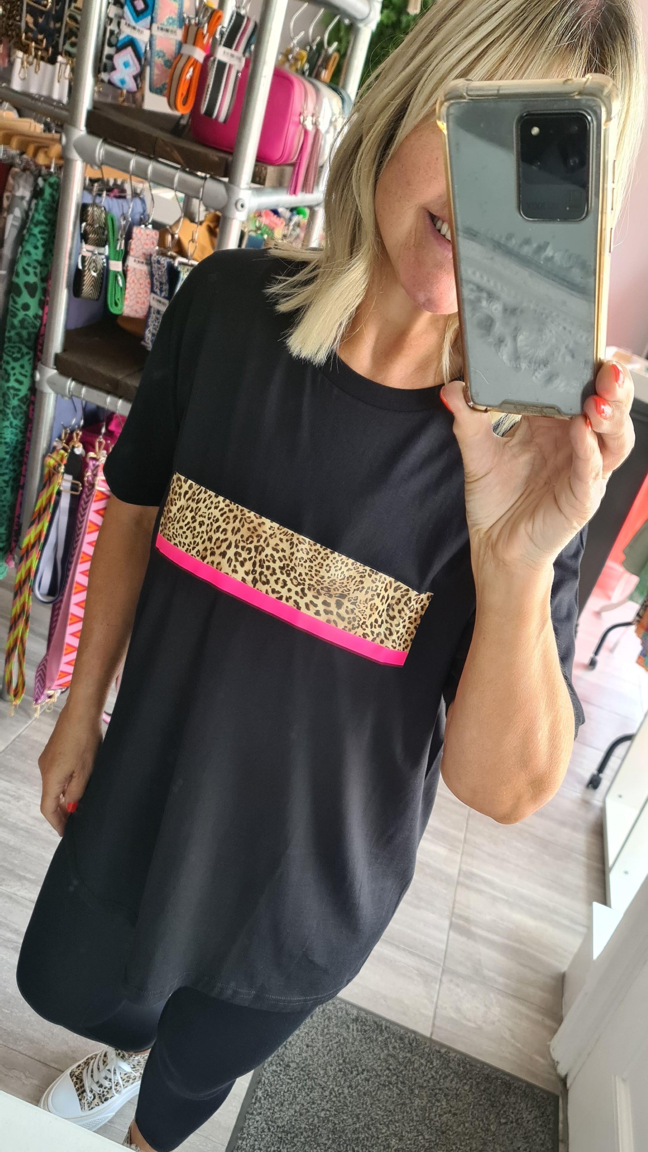 Black leopard neon stripe organic tee