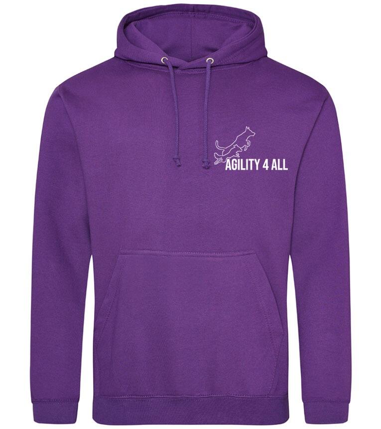 Agility 4 All Official Clothing Purple Unisex Pullover Hoodie White Printed Logo
