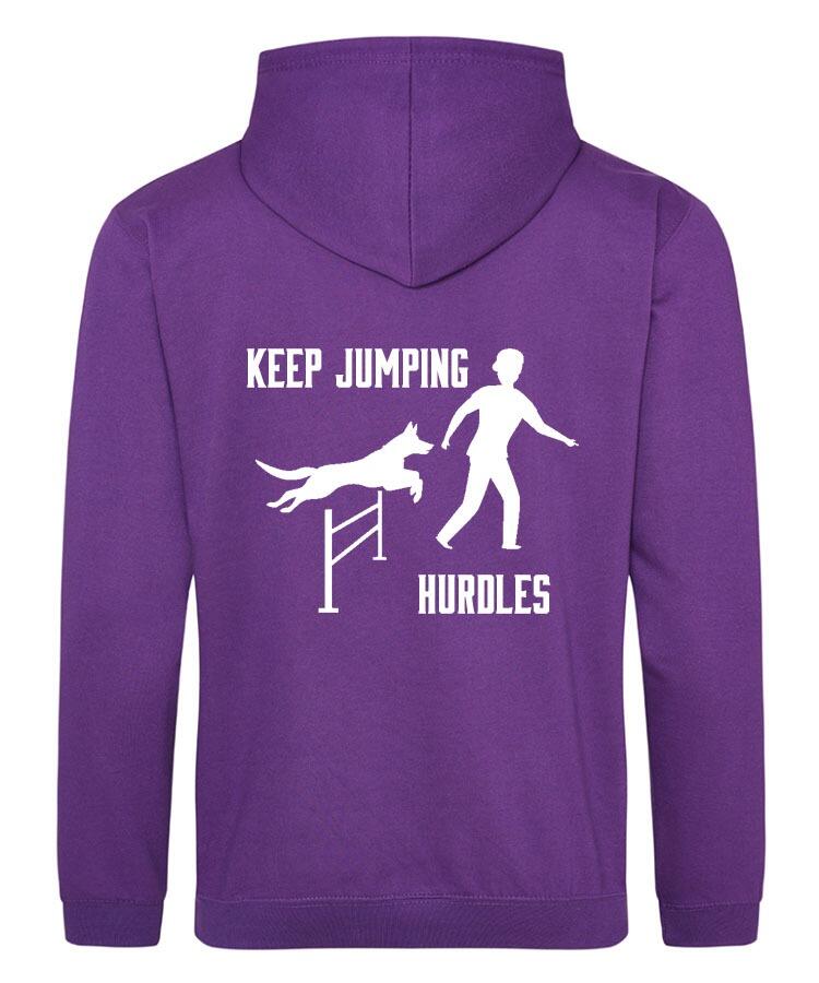 Keep Jumping Hurdles Design on a Purple Pullover Hoodie White Print