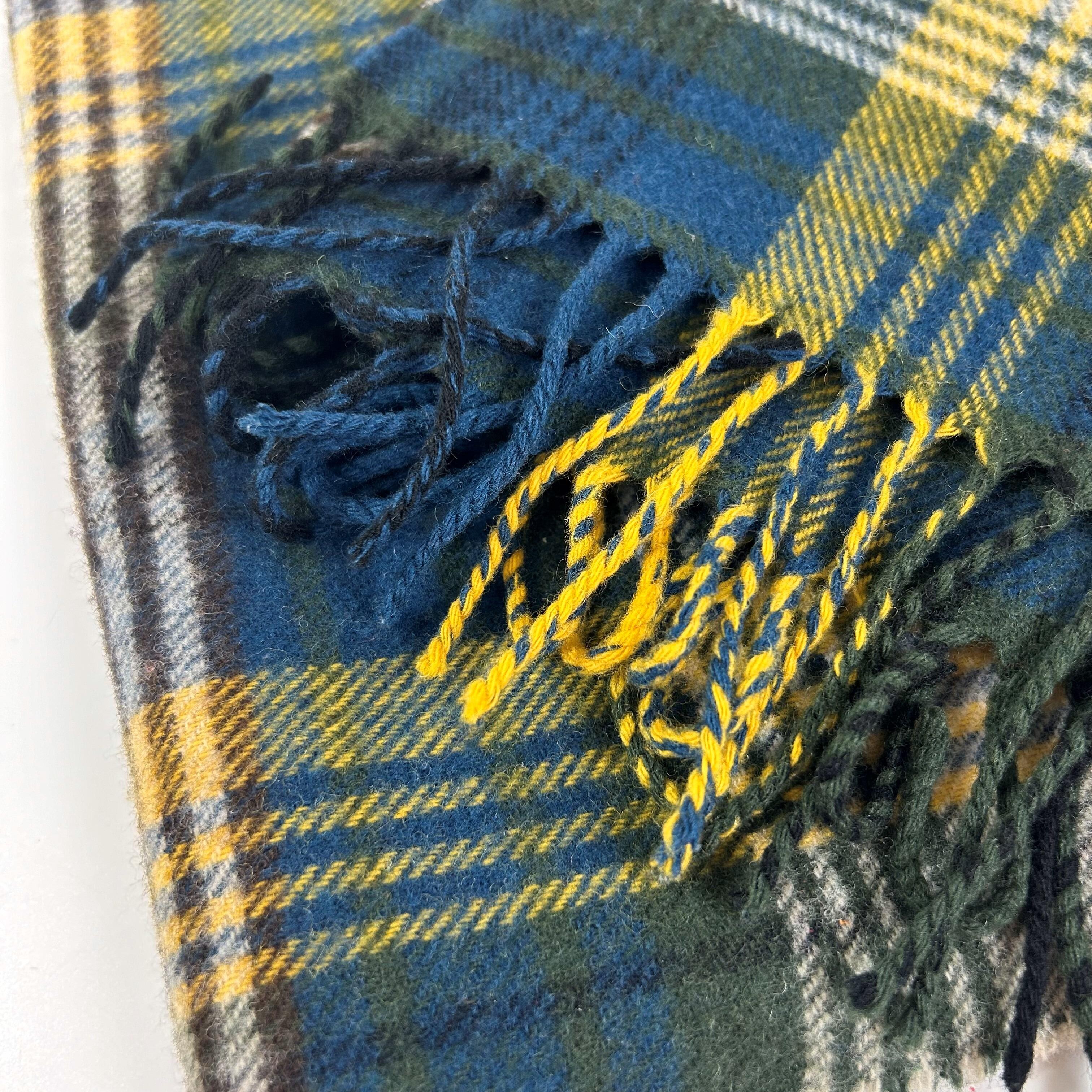 Vintage Mulberry Green Blue Yellow Tartan Lambswool Scarf 180cm x 30cm