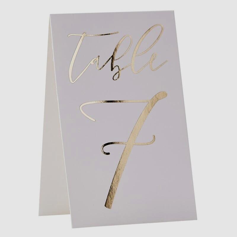 Table Number Cards with Gold Letters 1-12 By Ginger Ray