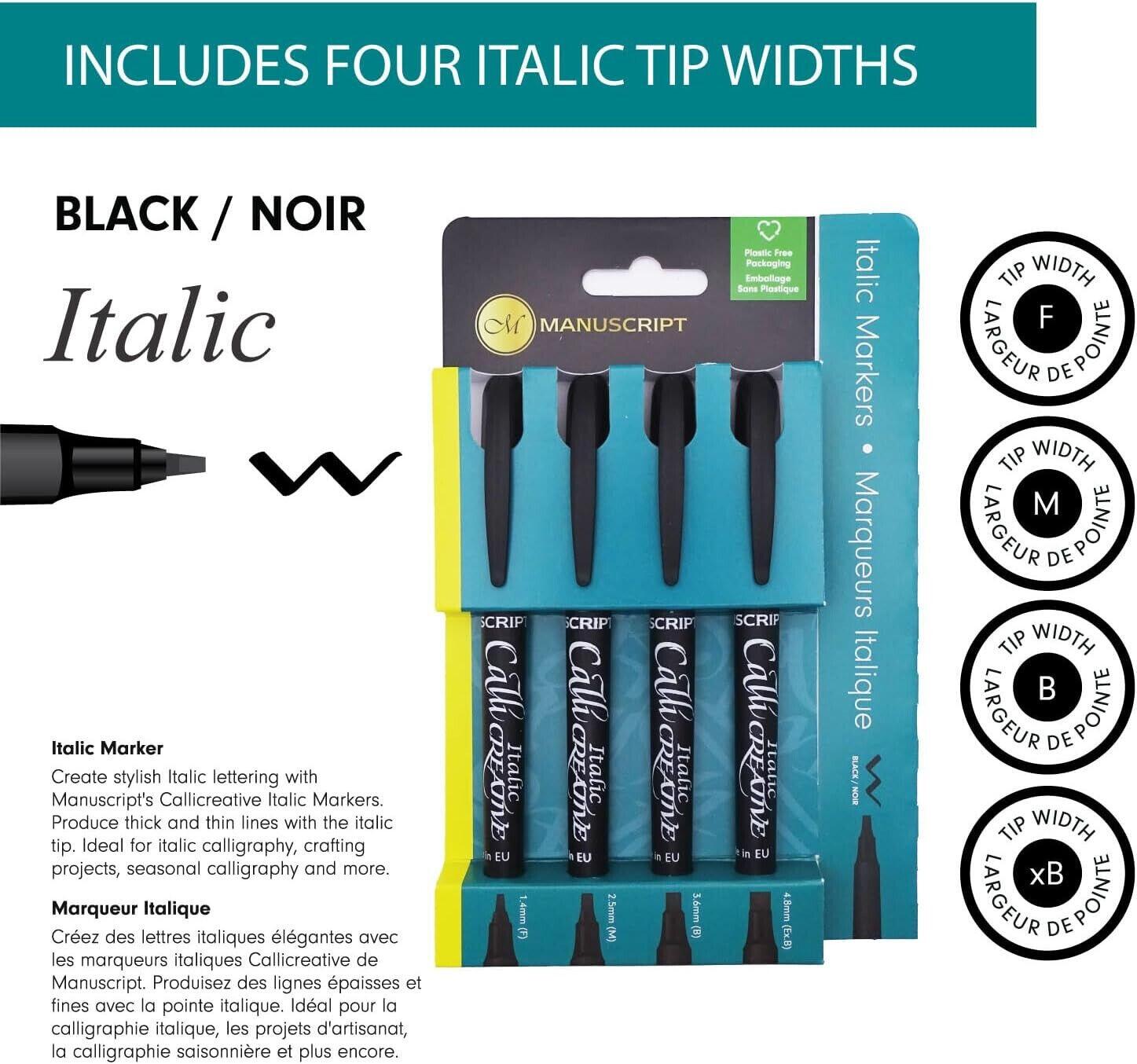 Manuscript Calligraphy Marker Pen - Italic Set of 4 - Various Nibs - BLACK