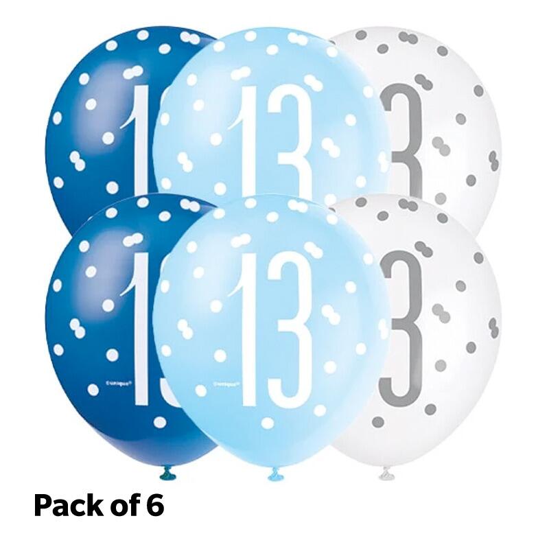 Blue Glitz Age 13 Assorted Latex Balloons 12 inch - Pack of 6
