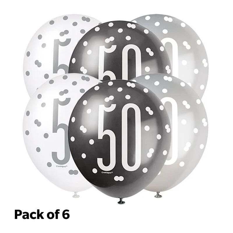 Black Glitz Age 50 Assorted Latex Balloons 12 inch - Pack of 6