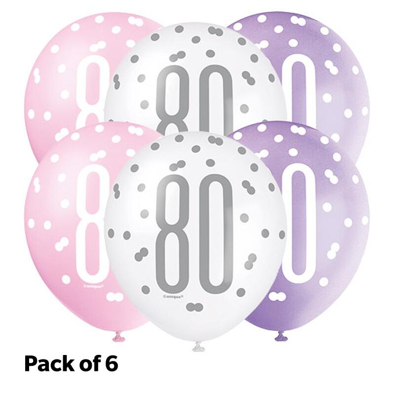 Pink Glitz Age 80 Assorted Latex Balloons 12 inch - Pack of 6