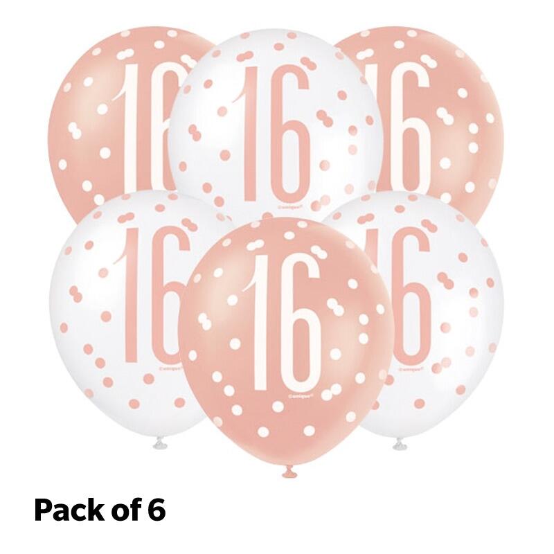 Rose Gold Glitz Age 16 Assorted Latex Balloons 12 inch - Pack of 6
