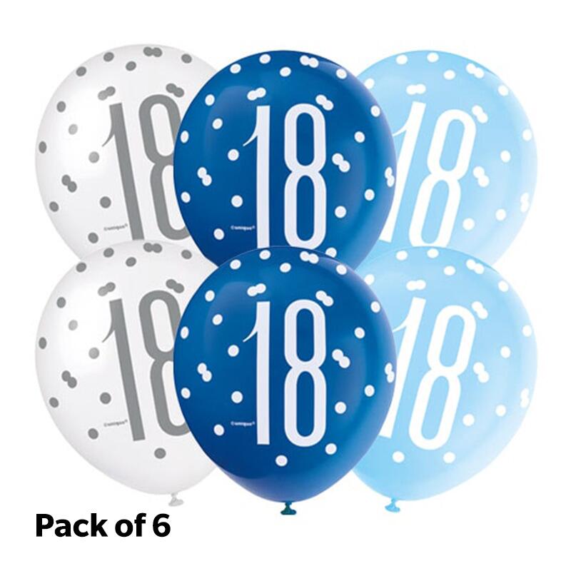 Blue Glitz Age 18 Assorted Latex Balloons 12 inch - Pack of 6