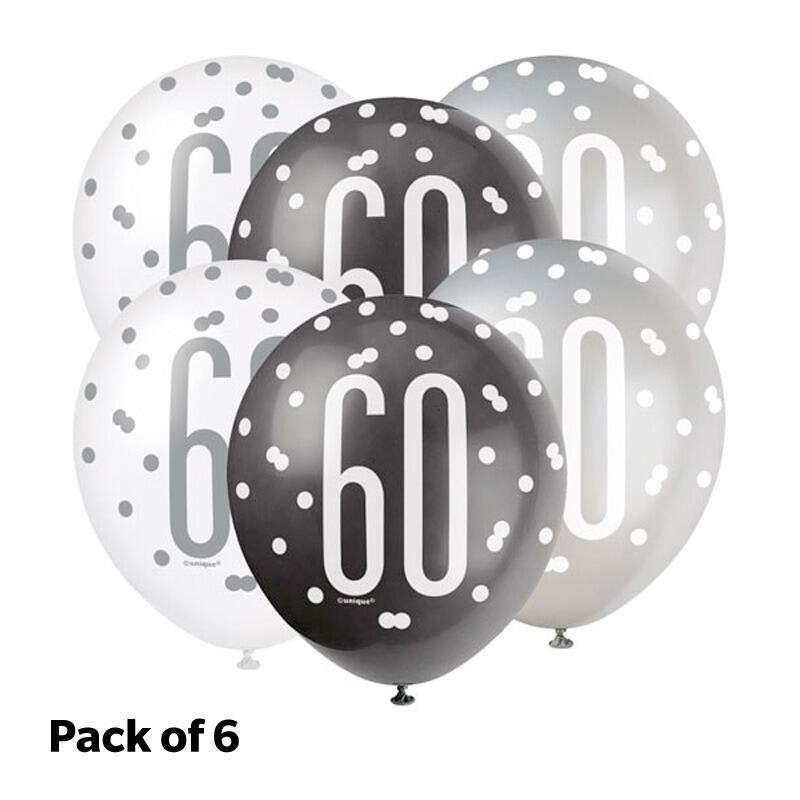 Black Glitz Age 60 Assorted Latex Balloons 12 inch - Pack of 6