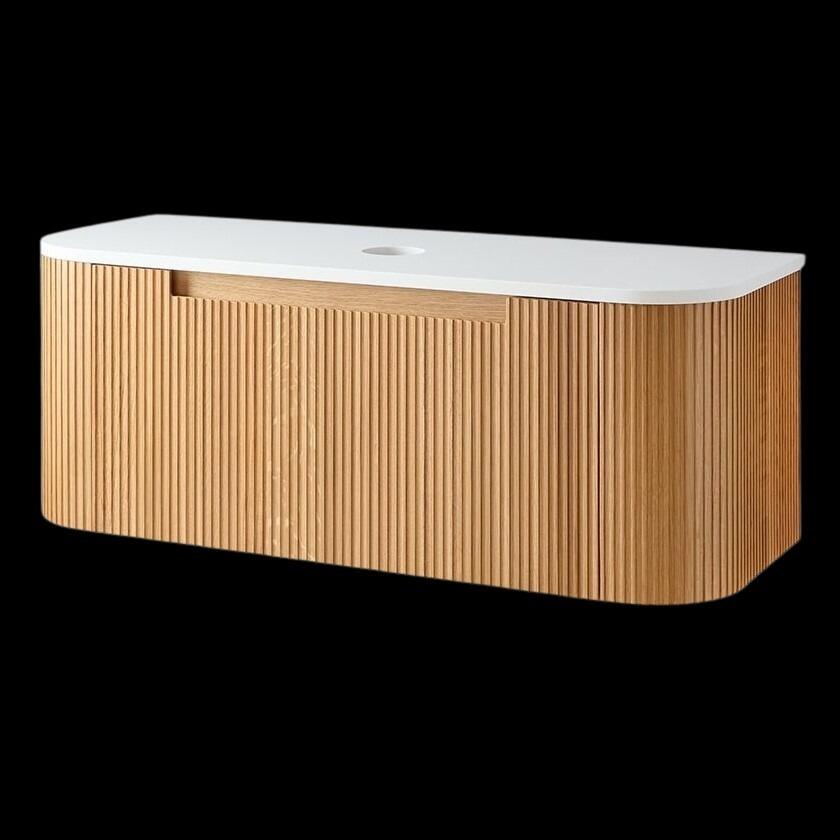 Art Deco Fluted Oak 1200mm Wall Hung Vanity Unit With White Quartz Worktop