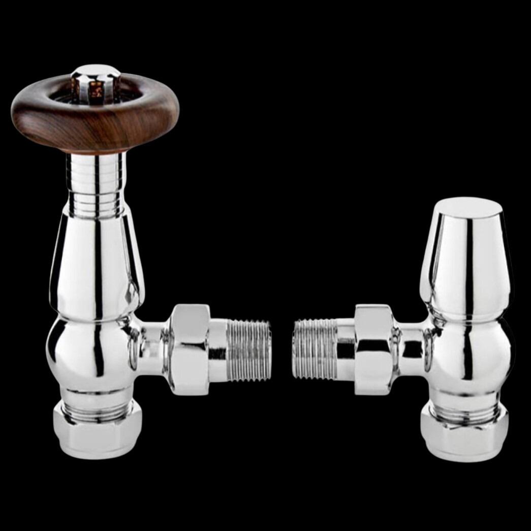 Traditional Chrome Manual Radiator Valve Kit with Wooden Heads