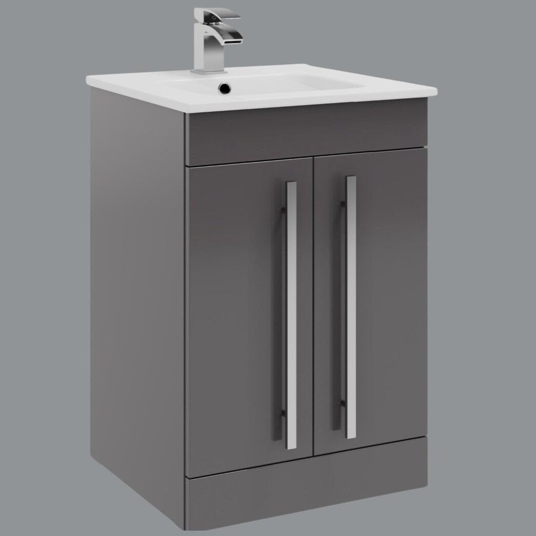 Virtue 600mm Dark grey Gloss Floor Standing 2 Door Vanity Unit with ...