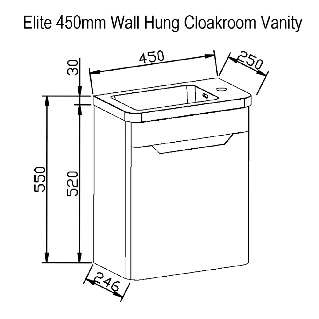 Elite 450mm Matt White Wall Hung Cloakroom Vanity Unit with Polymarble ...