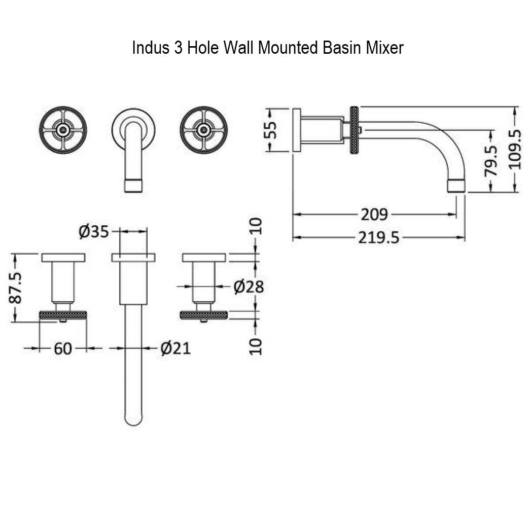 Indus Brushed Gold 3 Hole Wall Mounted Basin Mixer