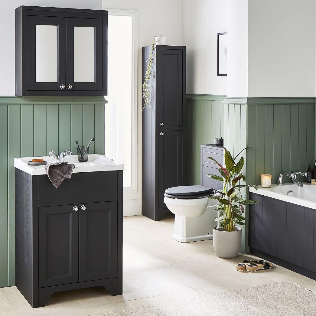 Albion 600mm Black Oak Traditional 2 Door Vanity Unit with Ceramic Basin