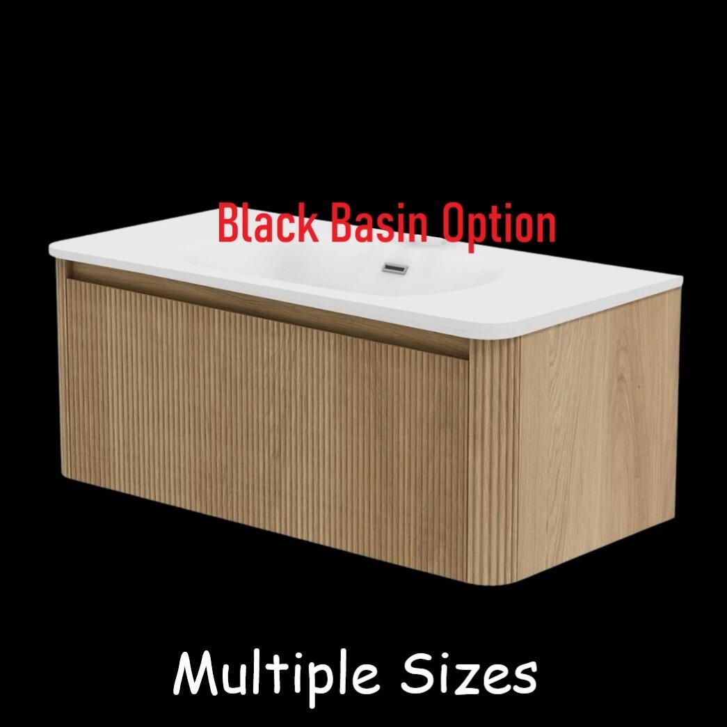 Wave Light oak Wall Hung Fluted Single Drawer Vanity Unit With White or ...