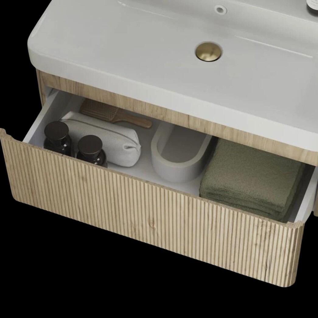 Mode 600mm Light Oak Fluted Wall Hung Double Drawer Vanity Unit With ...