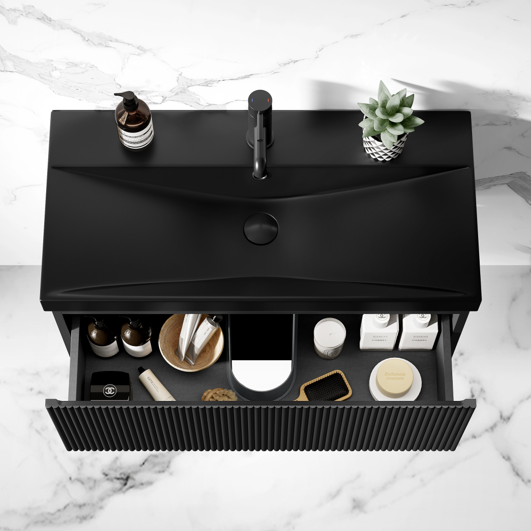 Milo Nero Matt Black Wall-Hung Vanity + Black Basin - Fluted Modern ...