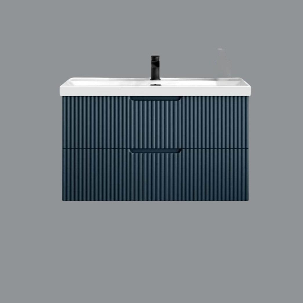 Miami 800mm Dark Blue Wall Hung Fluted Vanity Unit With Ceramic Basin