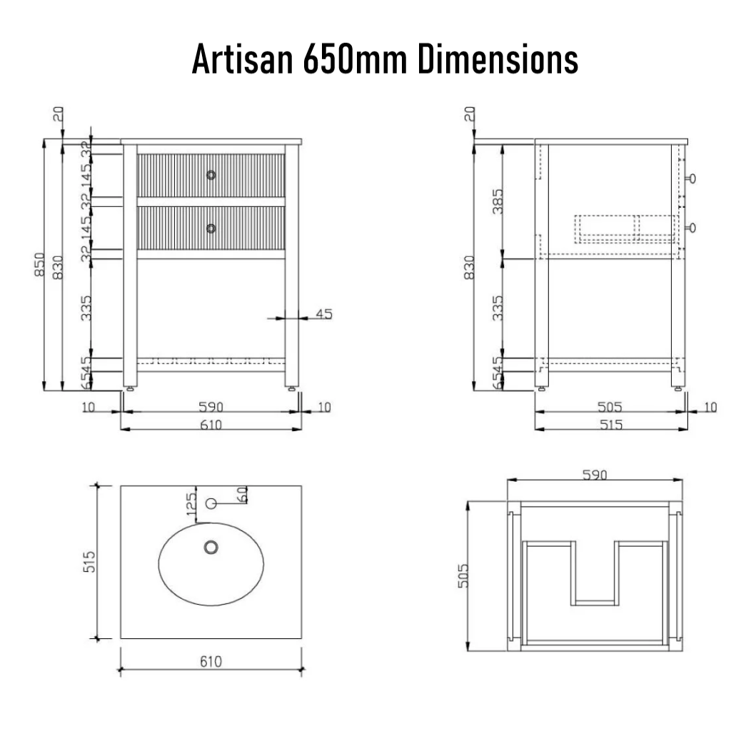 Artisan 600mm Green Ribbed Single Drawer Vanity Unit With Quartz Top ...