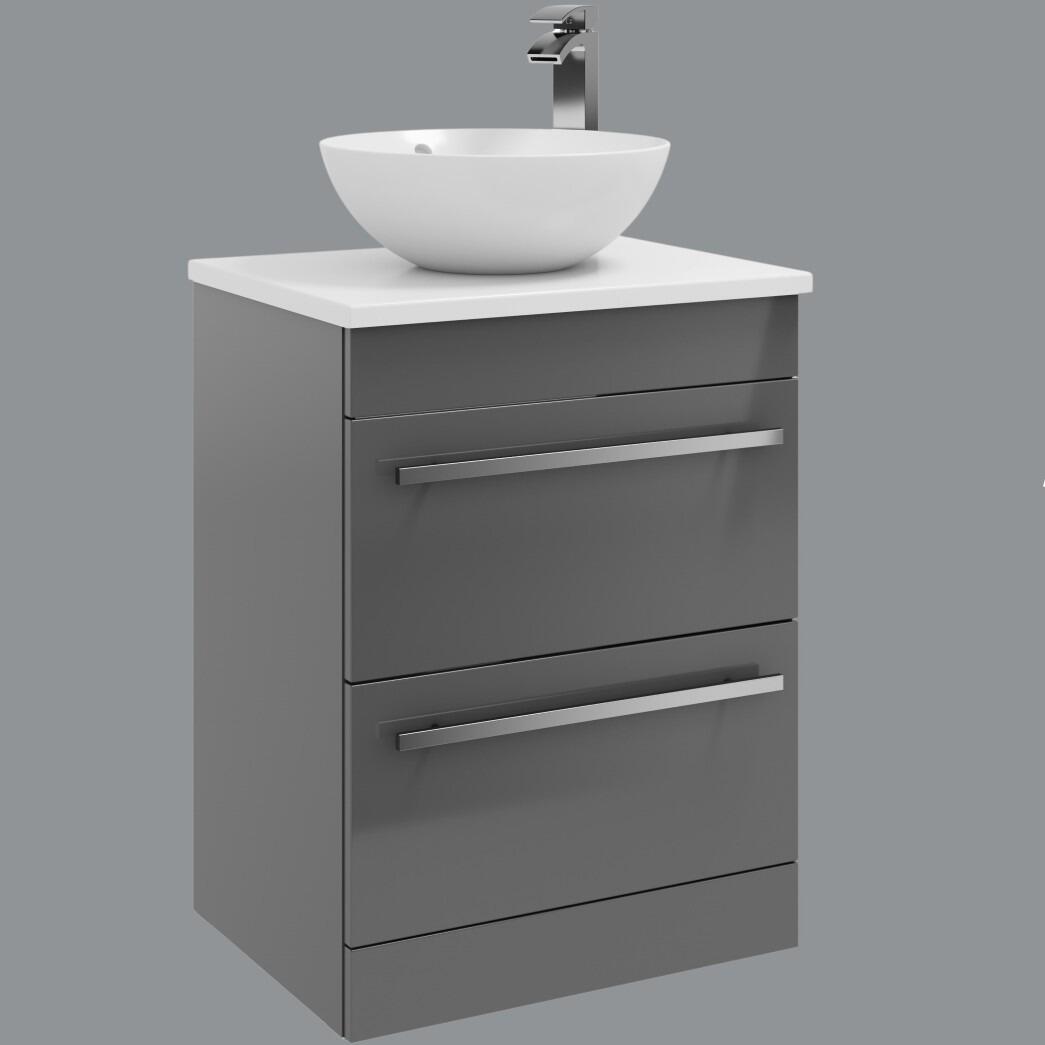 Virtue 600mm Dark Grey Gloss Floor Standing 2 Drawer Vanity Unit with ...