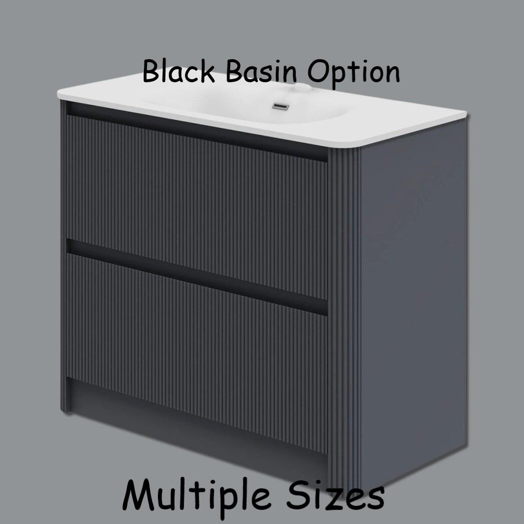 Wave Charcoal Wall Hung Fluted Double Drawer Vanity Unit With White or ...