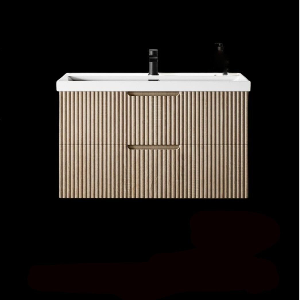Miami 800mm Light Oak Wall Hung Fluted Vanity Unit With Ceramic Basin