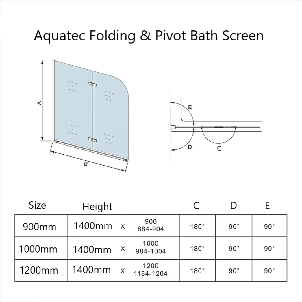 Aquatec Crystal Matt Black Bi-Fold Bath Shower Screen - 3 Sizes