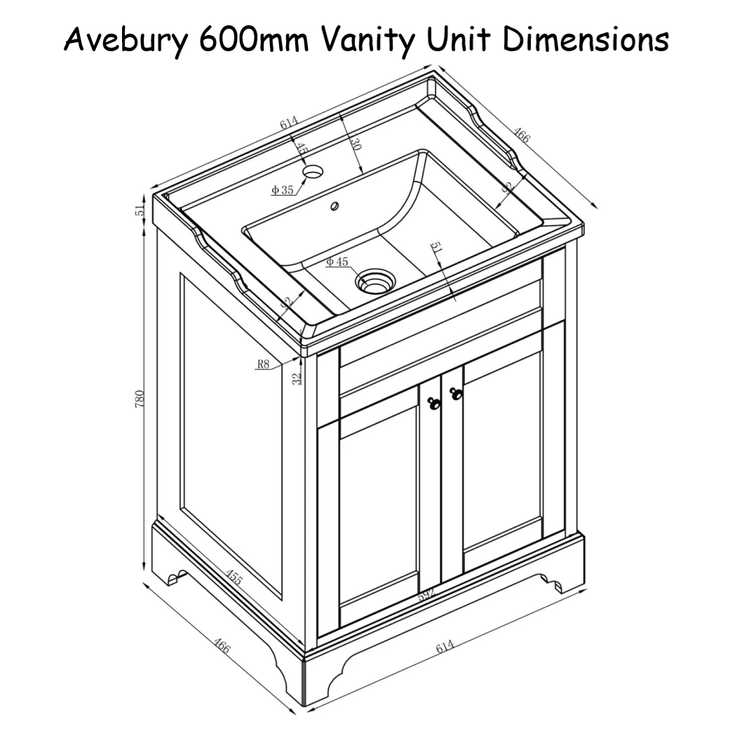 Avebury 600mm Rose Traditional 2 Door Floor Standing Vanity Unit with ...