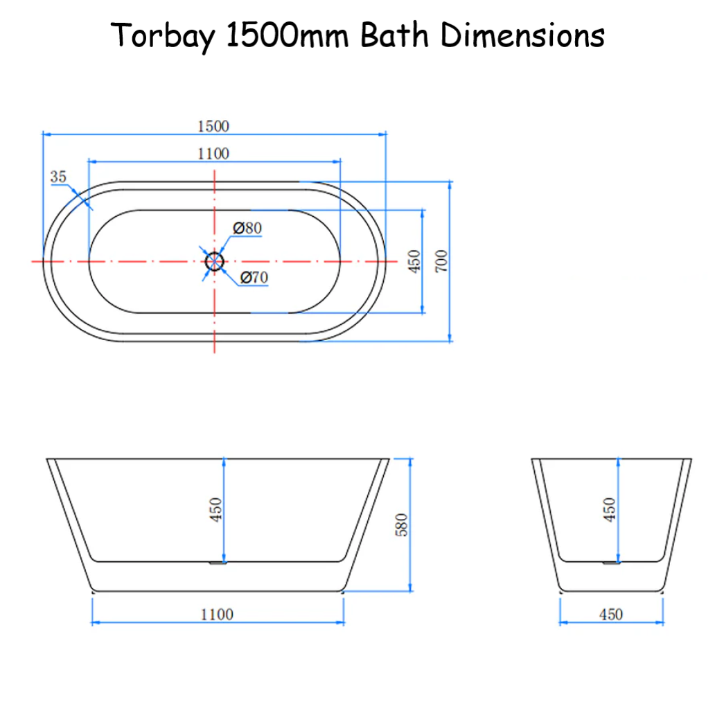 Torbay Acrylic Freestanding Bath - Double-Ended 1500mm & 1700mm