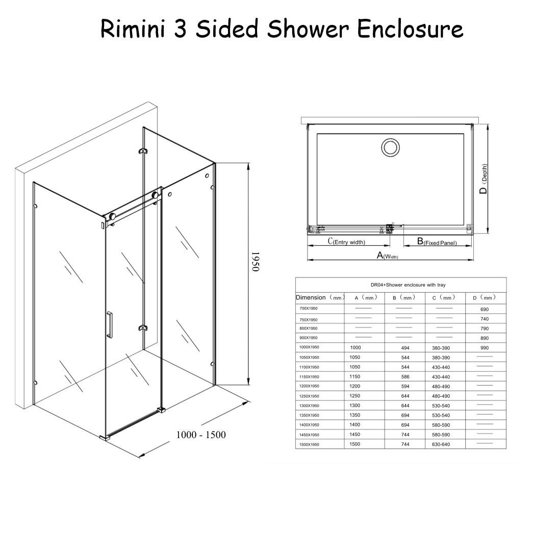 Rimini 8mm Frameless 3‑Sided Shower Enclosure with Sliding Door ...