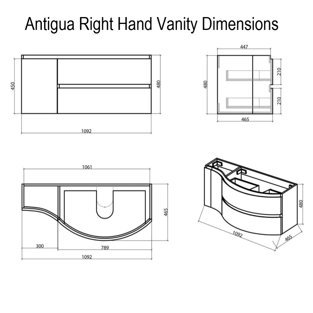 Antigua 1100mm Right Hand Gloss White Wall Hung Curved 2 Drawer Vanity ...