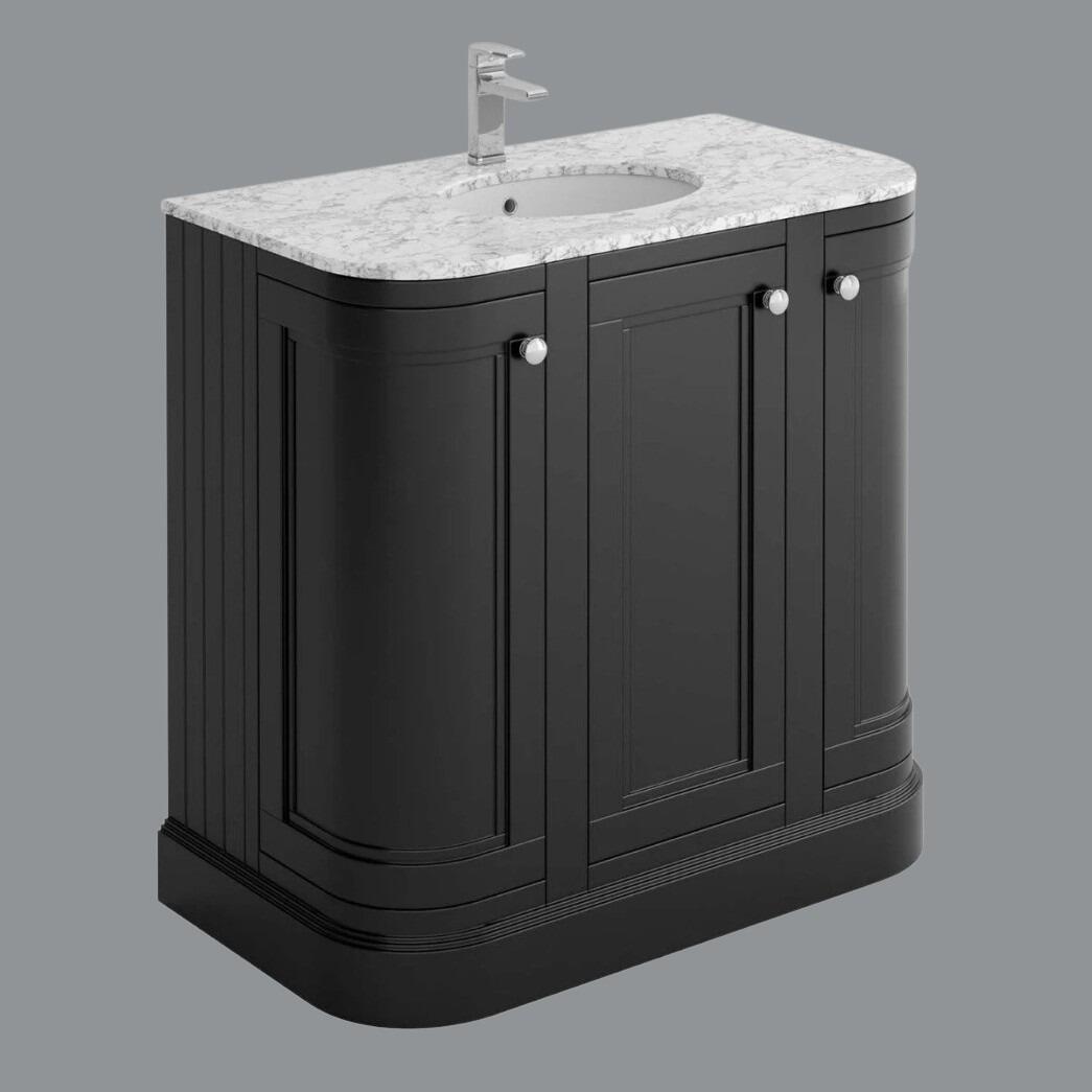 Rectory 900mm Black Curved End Vanity Unit with Carrara Marble Worktop ...