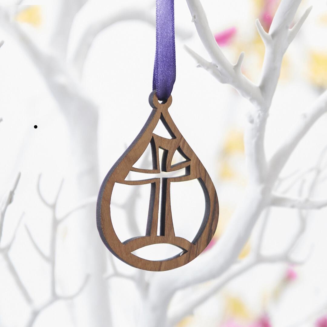 Olive Wood Cross Teardrop Decoration
