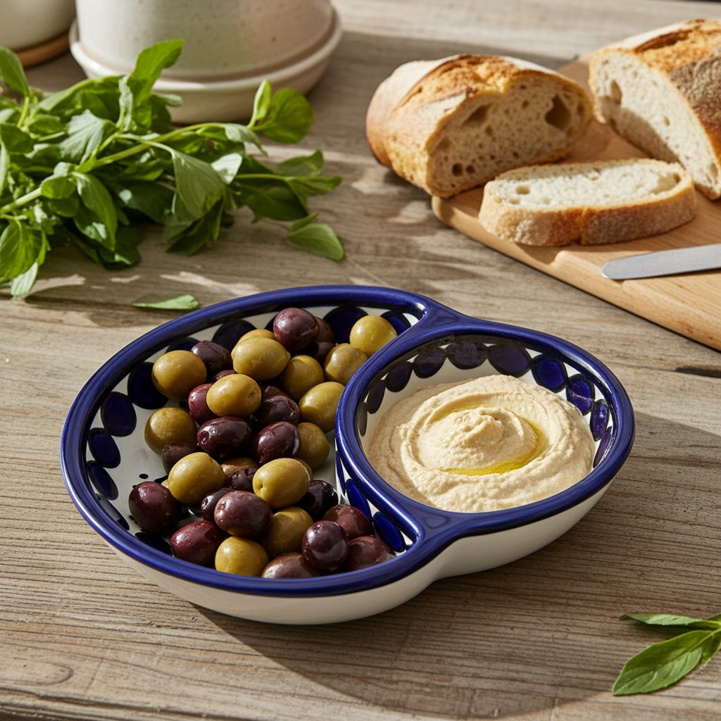 Homeware - Palestinian Ceramic Divided Snack Dish Olive Print